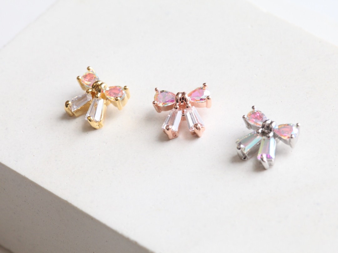 Iridescent Ribbon Cartilage Stud • Conch Labret • Holographic Bow ...