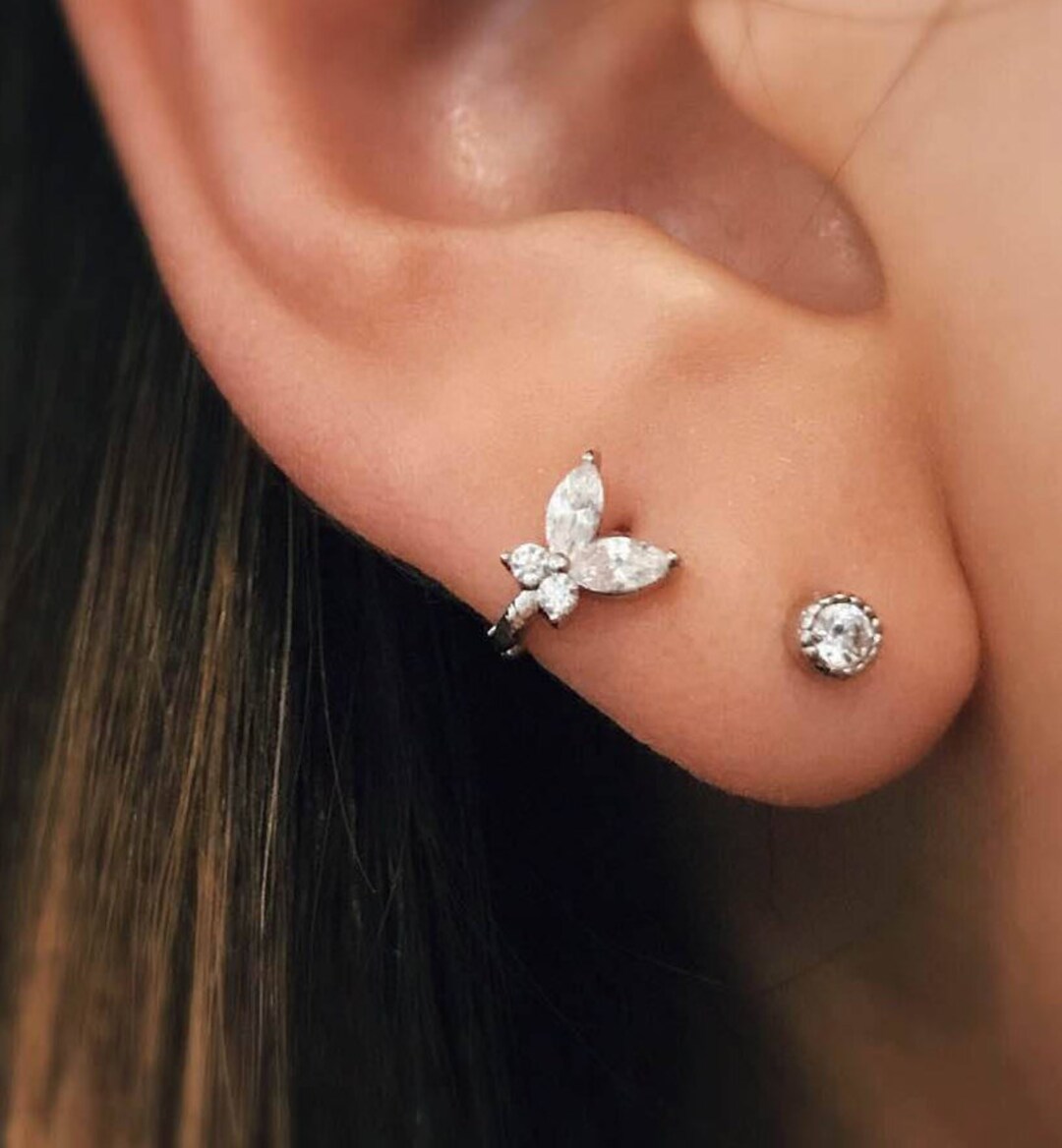 Stone Butterfly Cartilage Hoop • Tragus Piercing Ring • Tragus Earring ...