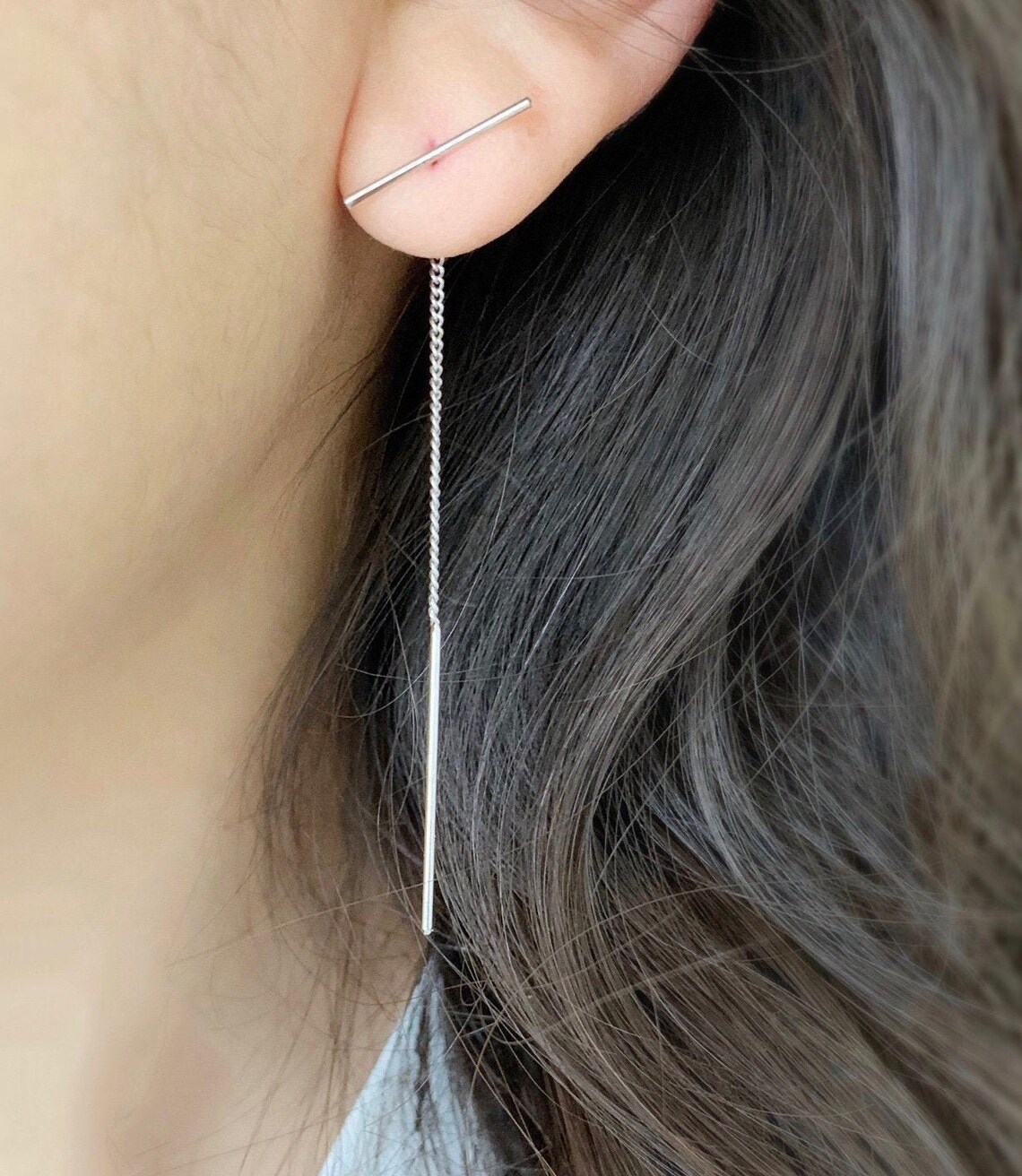 Bar Threaded Chain Earrings Simple Threader Earrings Silver | Etsy