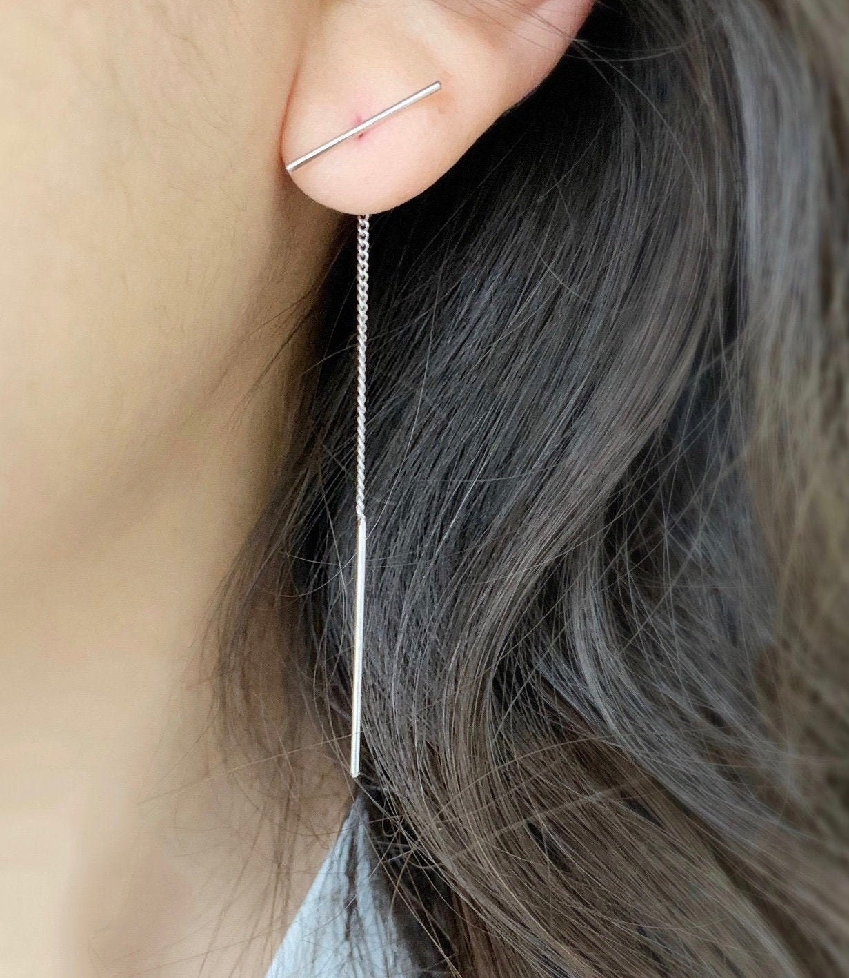 Bar Threaded Chain Earrings Simple Threader Earrings Silver - Etsy