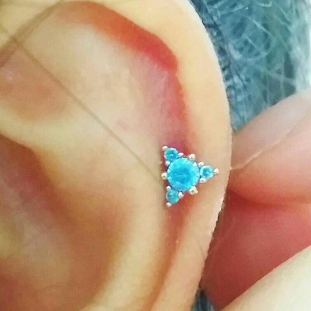 Triangle Cartilage Earring • Mini Blue Piercing • Aqua Helix Threadless ...