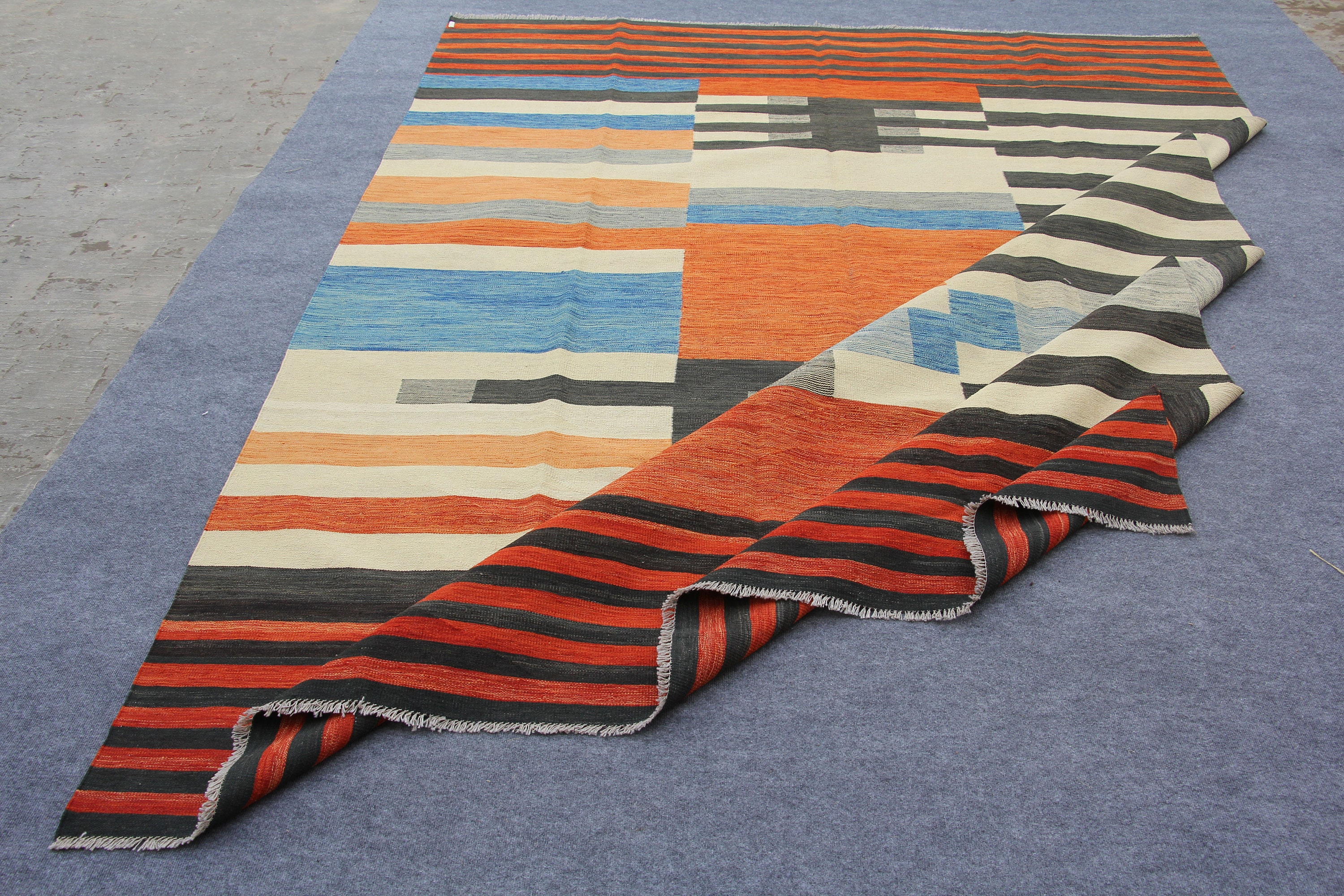 9x12 Striped Kilim Rug, Striped Multi Color Flat Weave Rug for Hall ...