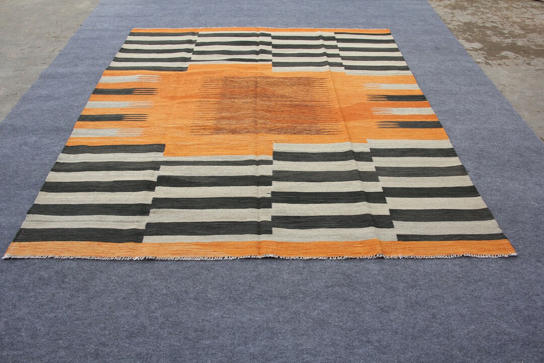 8x10 Multi Color Striped Area Kilim Rug, Black and Orange Kilim Rug ...