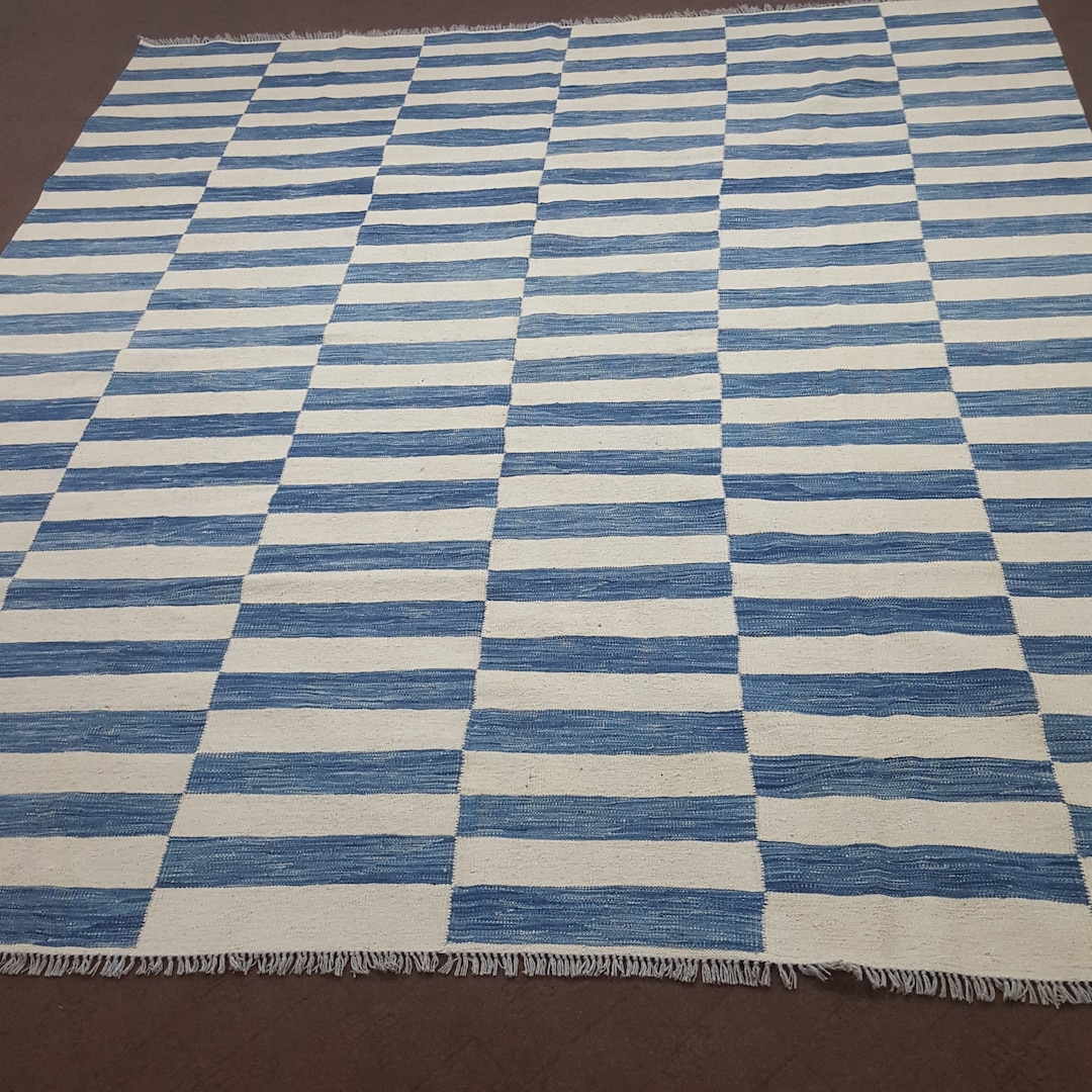 Blue and White Rug, Striped Rug, Striped Kilim, Flat Weave Rug, Custom ...