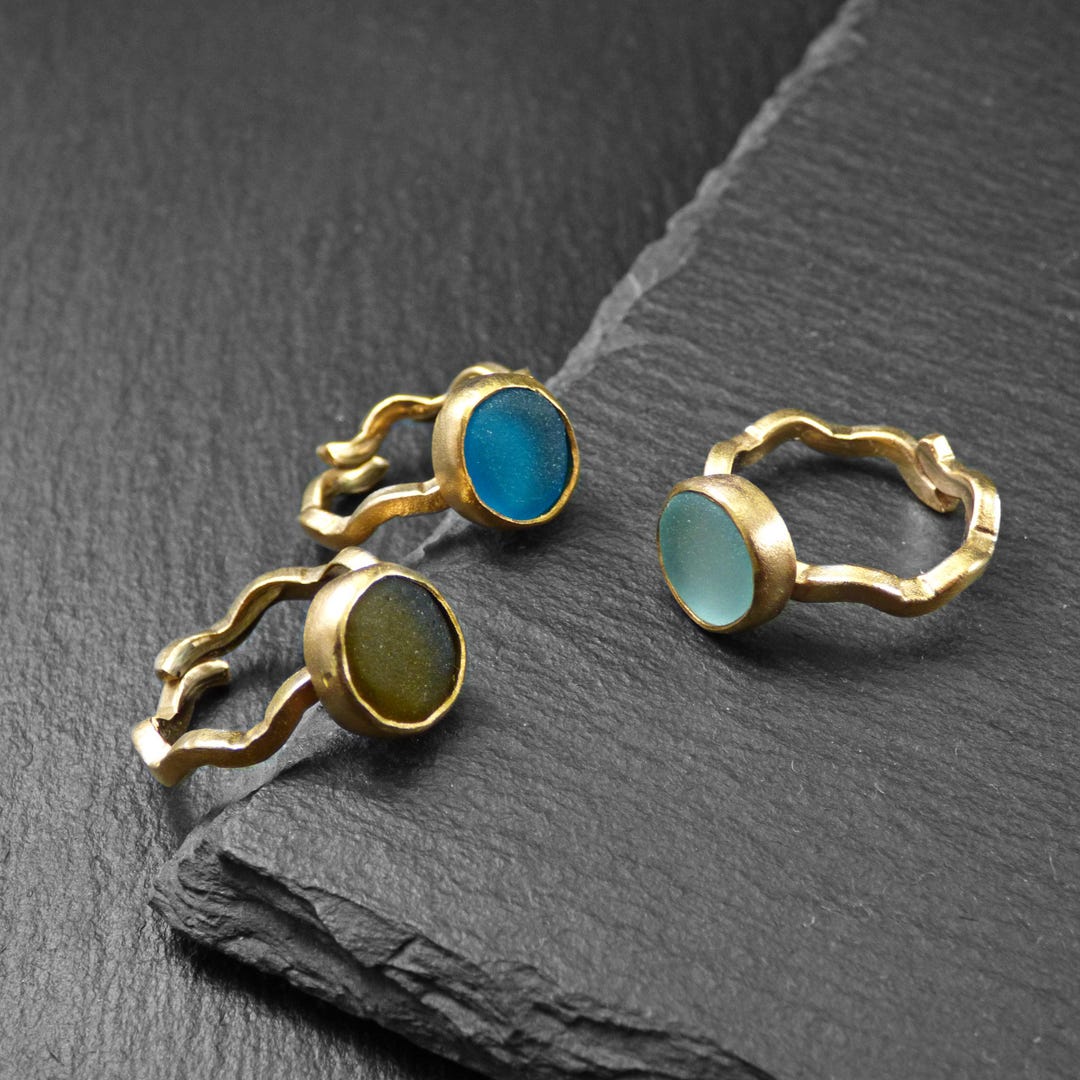 Handmade Goldplated 18k Ring, With Aqua, Petrol or Olive Natural Sea ...