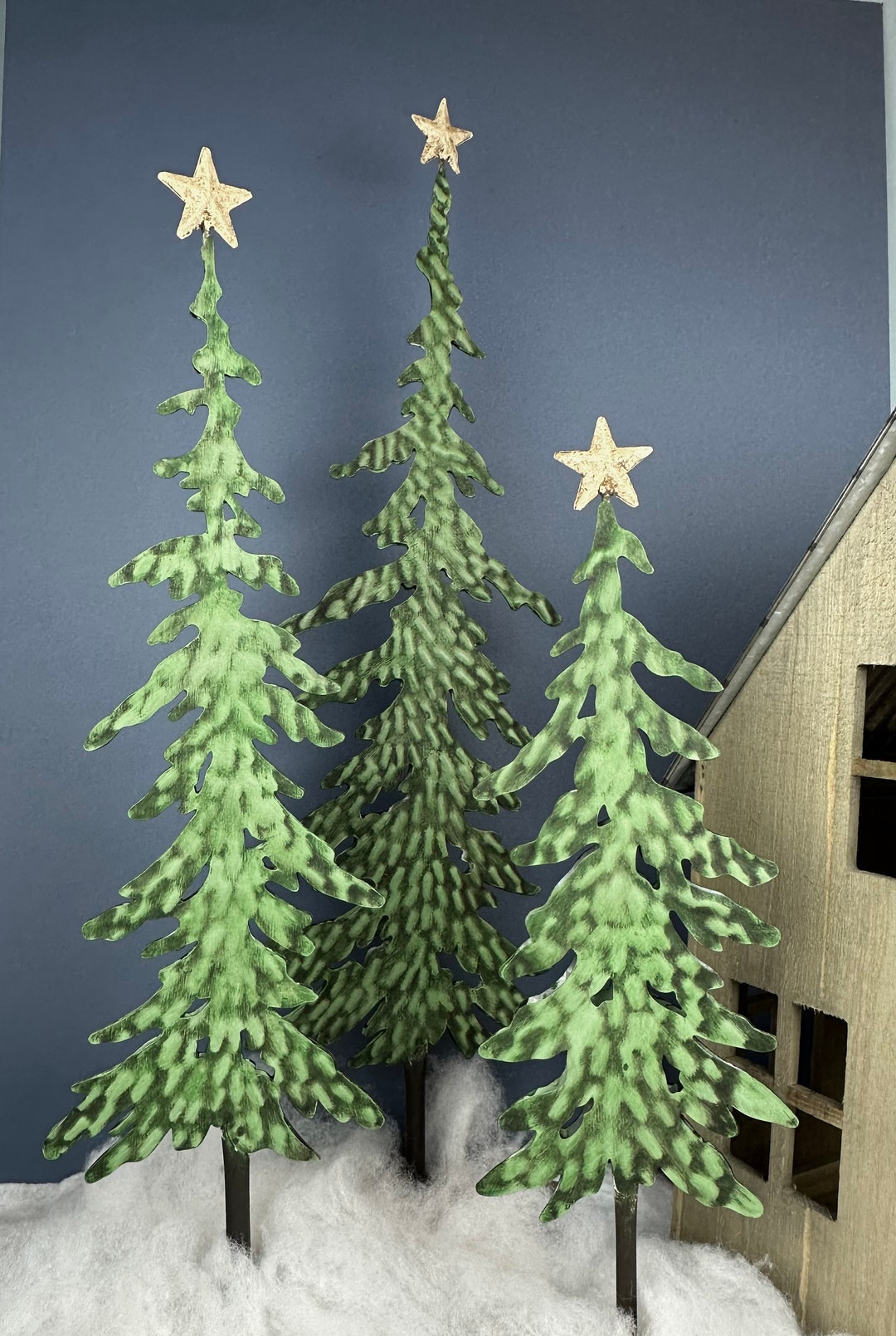 Rustic Hammered Metal Green Christmas Trees, Hand Painted, Double Sided ...