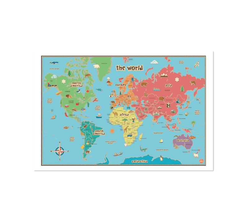 A3 A2 A1 Children World Map Printed Wall Art Animated Map - Etsy UK