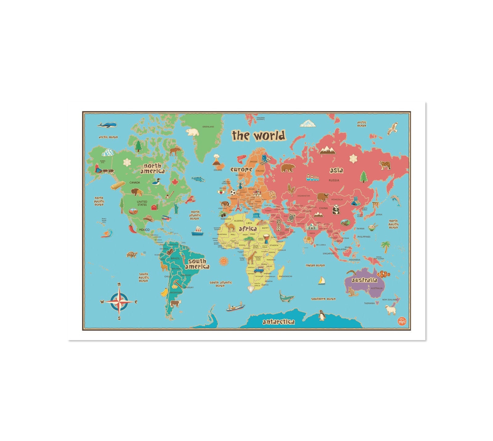A3 A2 A1 Children World Map Printed Wall Art Animated Map - Etsy UK