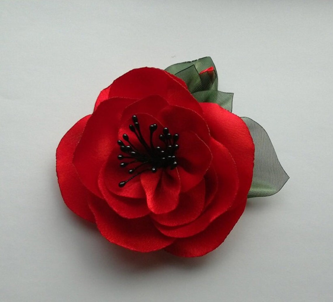 Red Poppy Satin Flower Brooch, Wedding Accessory, Dress Brooch, Floral ...