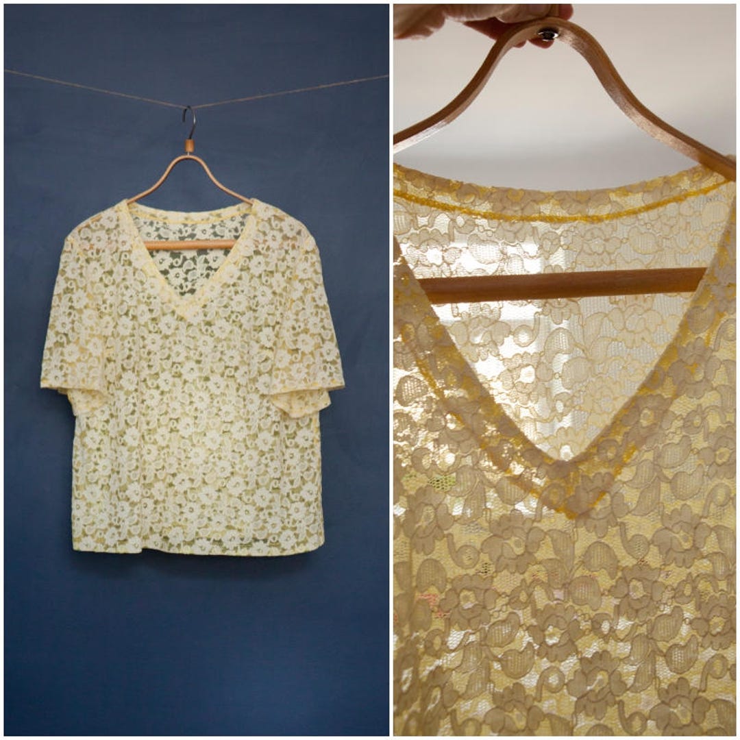 Vintage Sheer Top Yellow Lace Top Womens Large Lace Pullover - Etsy