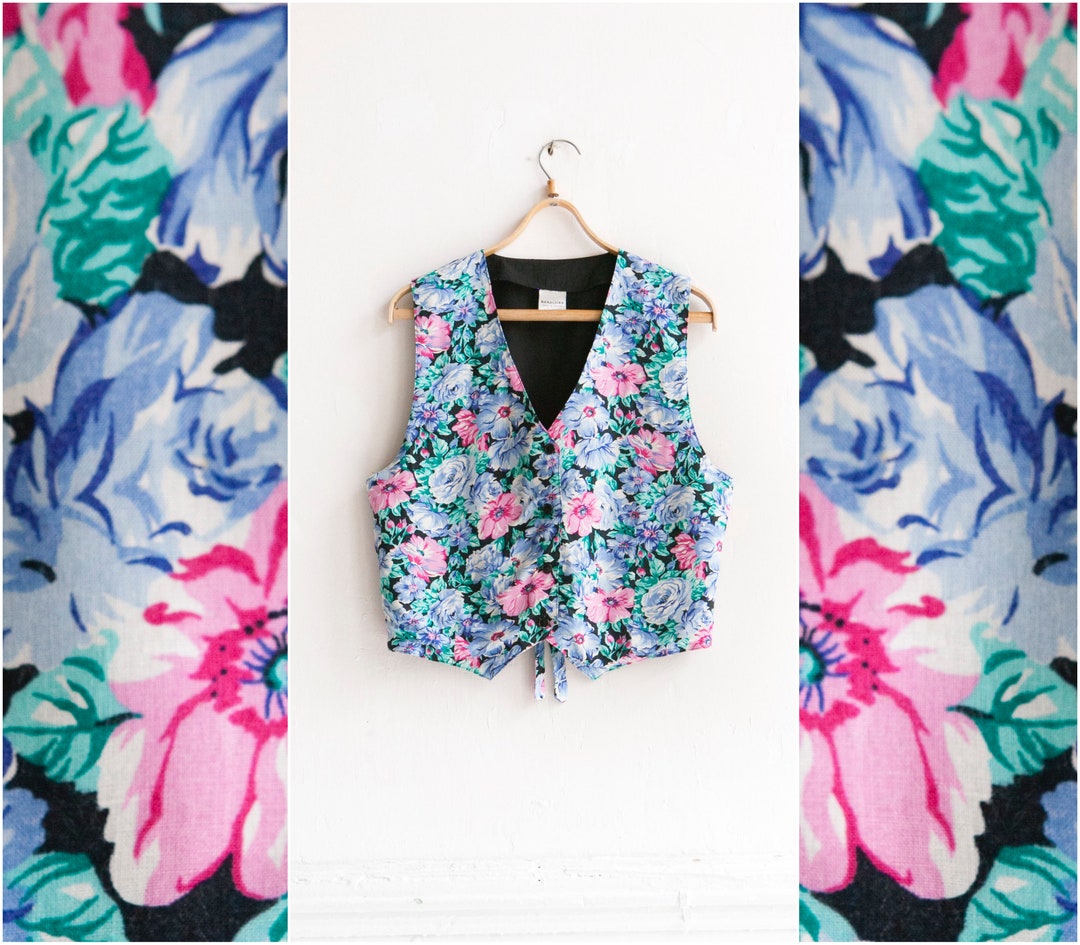 Vintage 80s Floral Waistcoat Womens L Made in Finland Colorful Blossom ...