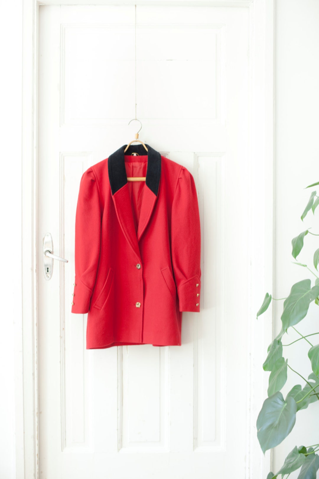 Vintage 80s Red Wool Jacket Black Velvet Collar Jacket Red Wool Blazer ...