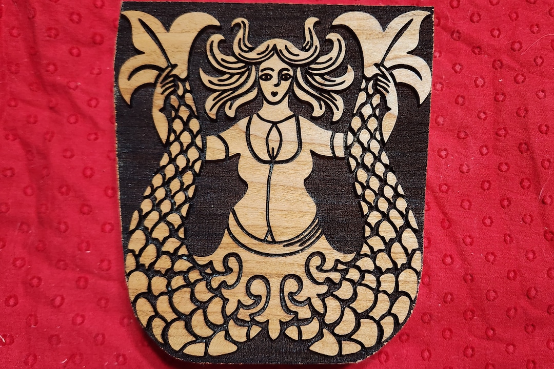 Siren or Double Tailed Mermaid Heraldic Beast Design Woodcut for Wood ...