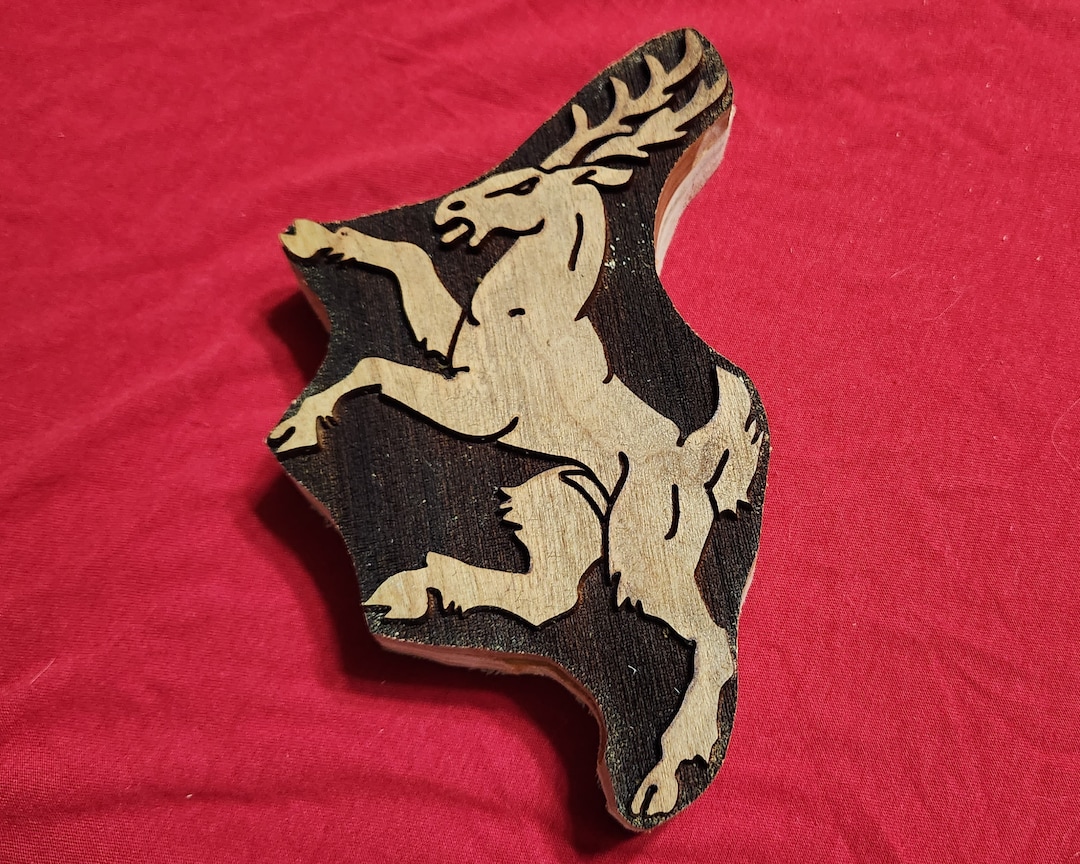 Rampant Stag, Deer or Hind Woodcut or Wood Block Printing or Leather ...