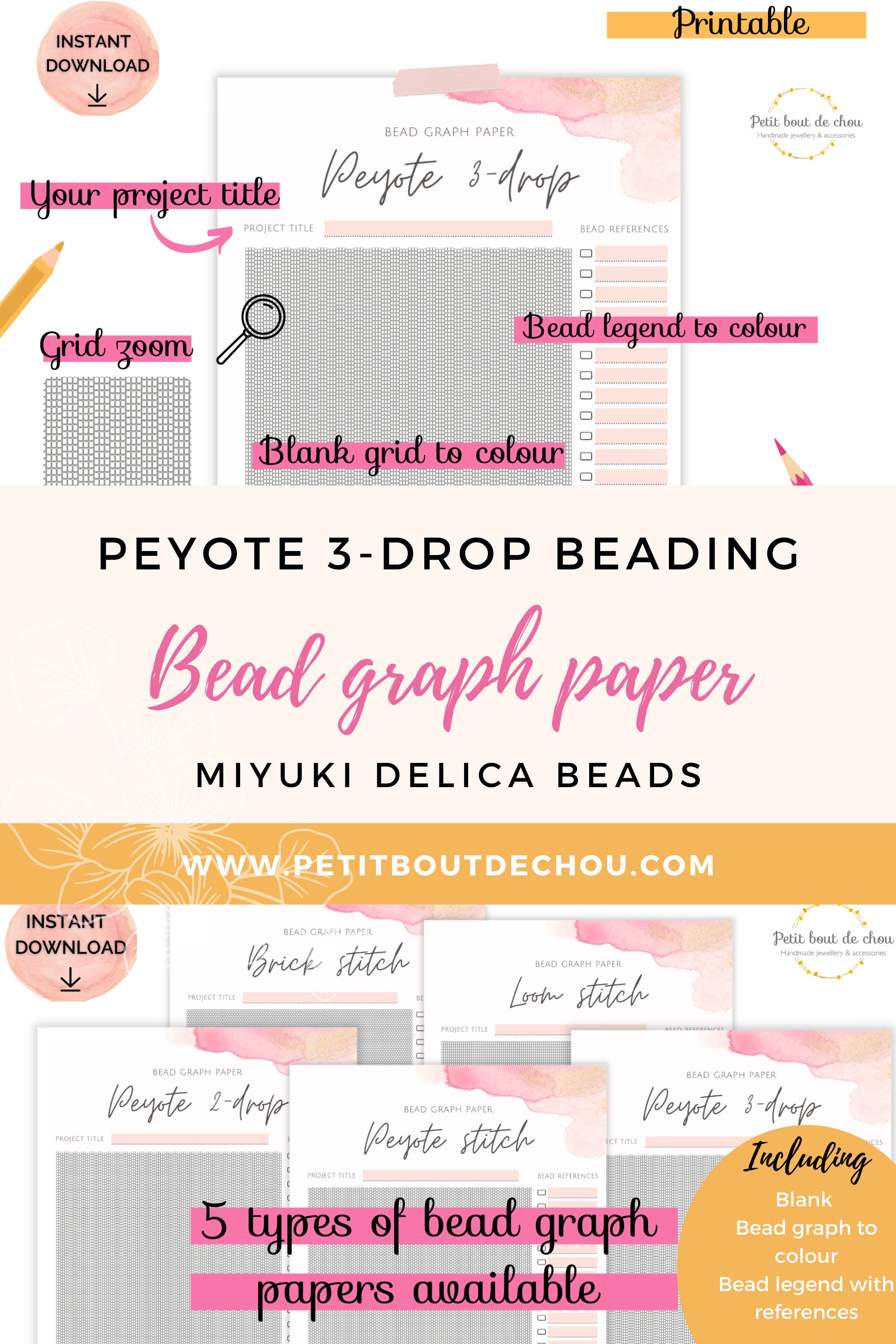 Peyote Bead Graph Paper 3-drop/miyuki Graph Paper/blank Bead Pattern ...