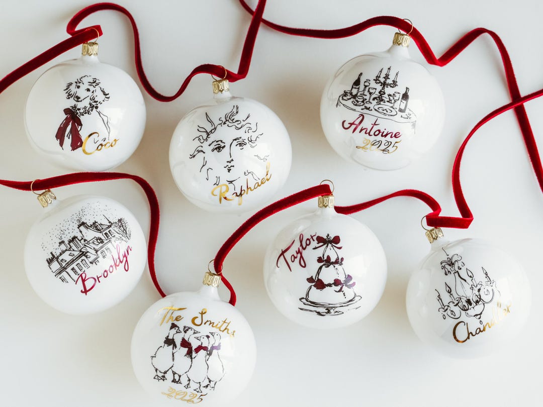 Personalized Whimsical Christmas Baubles: Line Art Design, Watercolor ...