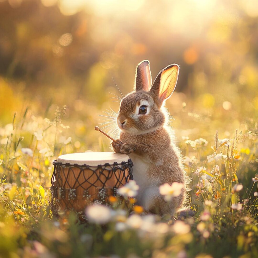 Chubby Bunny Rabbit Playing Drum, 12 PNG Fluffy Spring Art, Spring ...