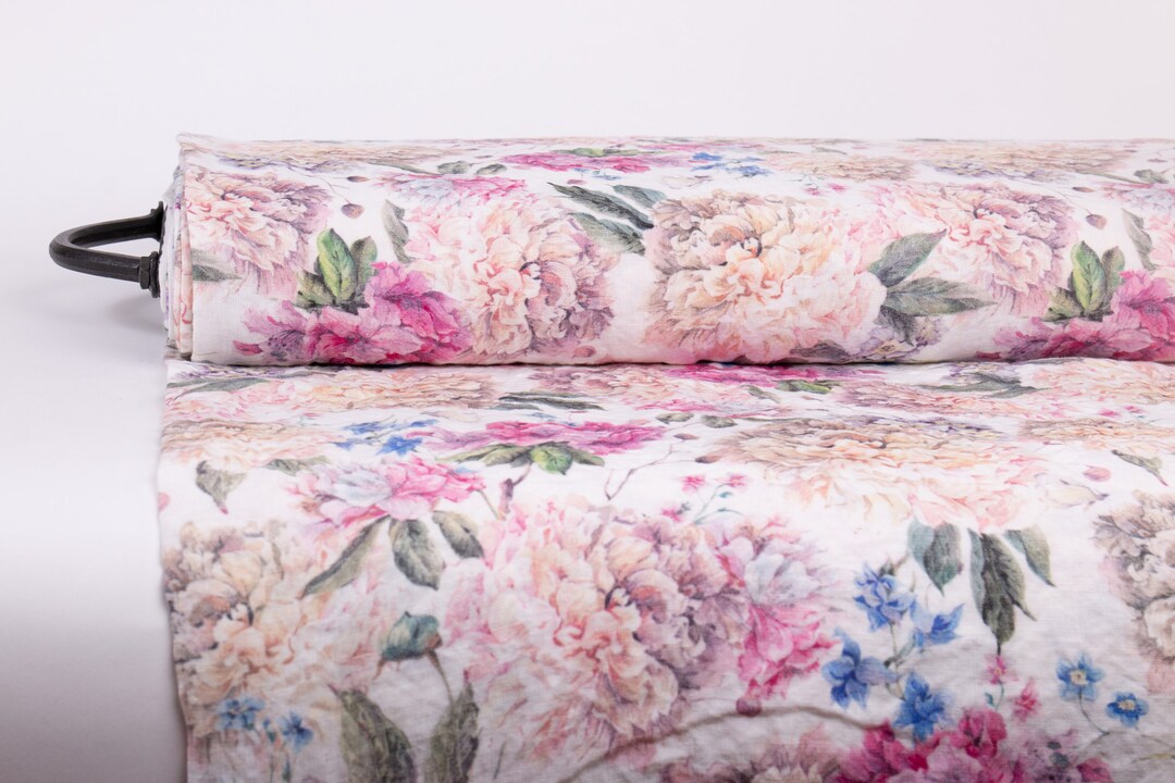 Medium Weight Pure Linen Fabric With Digitally Printed Peonies and ...