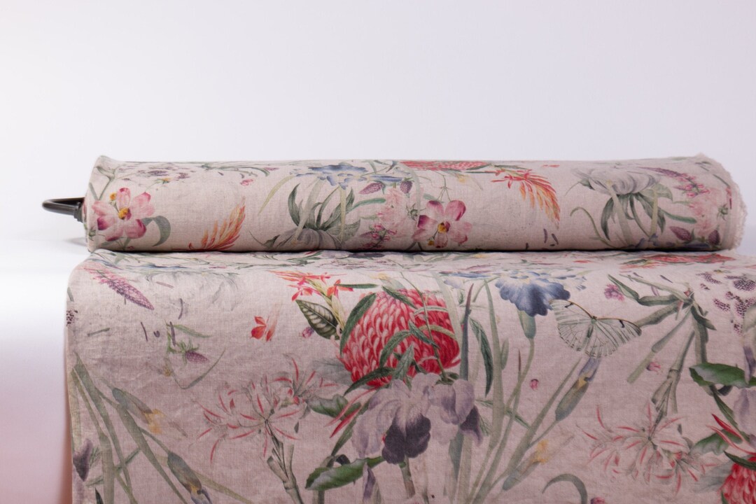 Floral Printed Linen Fabric: Medium Weight, Washed Finish - Etsy