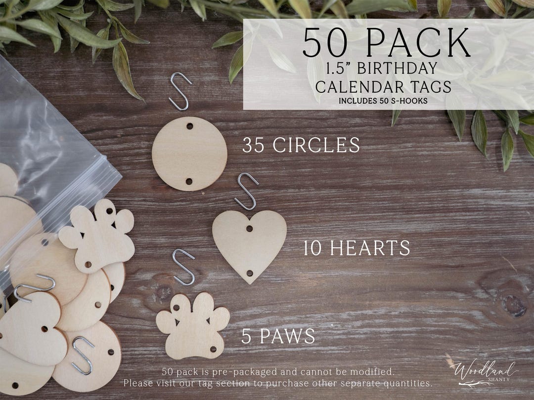 50 Pack 1.5” Birthday Calendar Tags With S Hooks, Includes 35 Circles ...