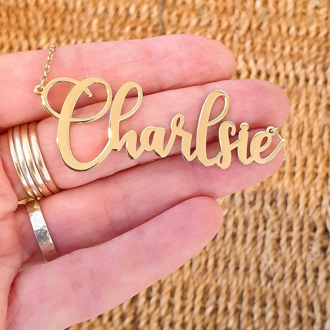 Large Script Name Necklace 18k Gold Plated - Etsy