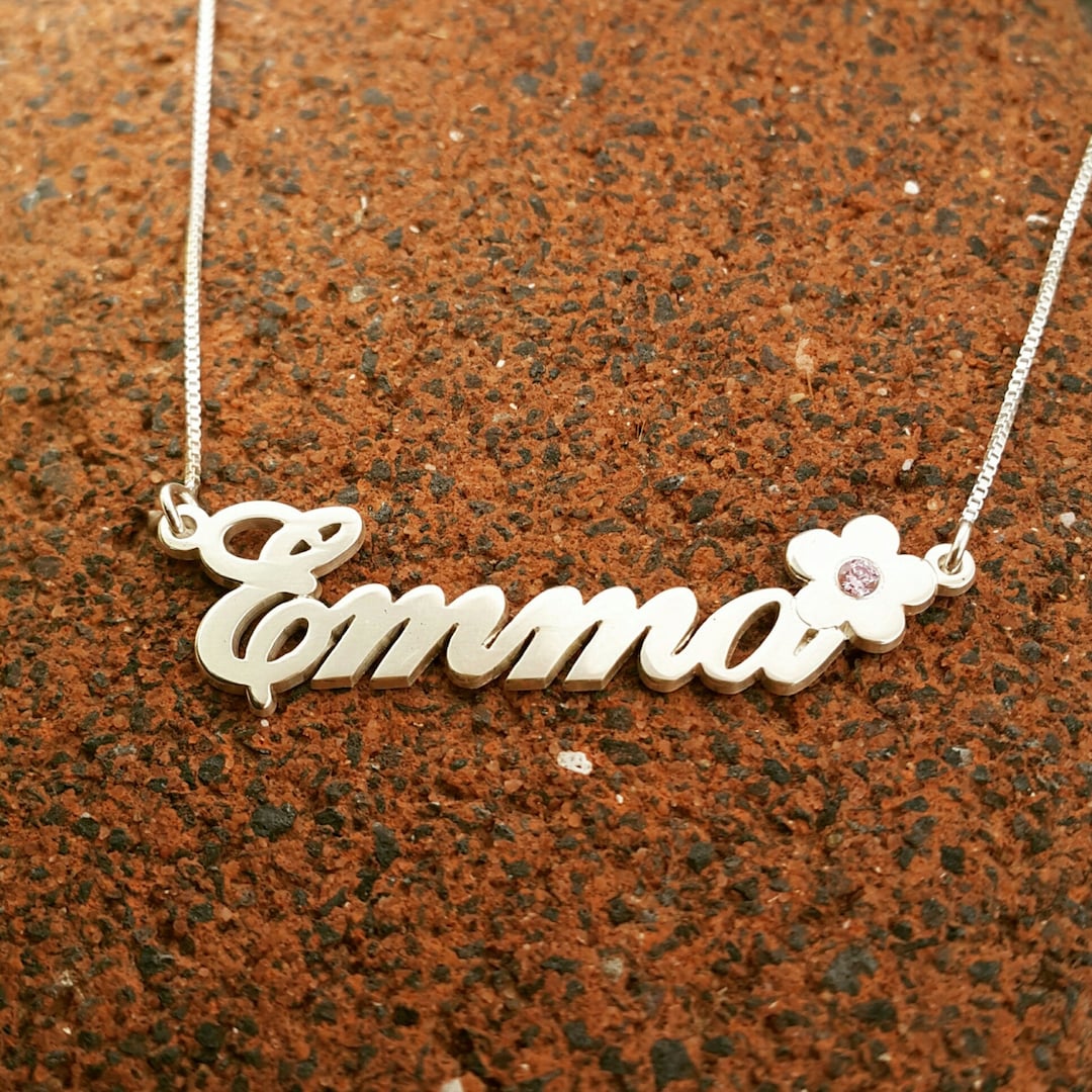 Name Necklace Silver Emma Style Personalized Flower Birthstone Design ...