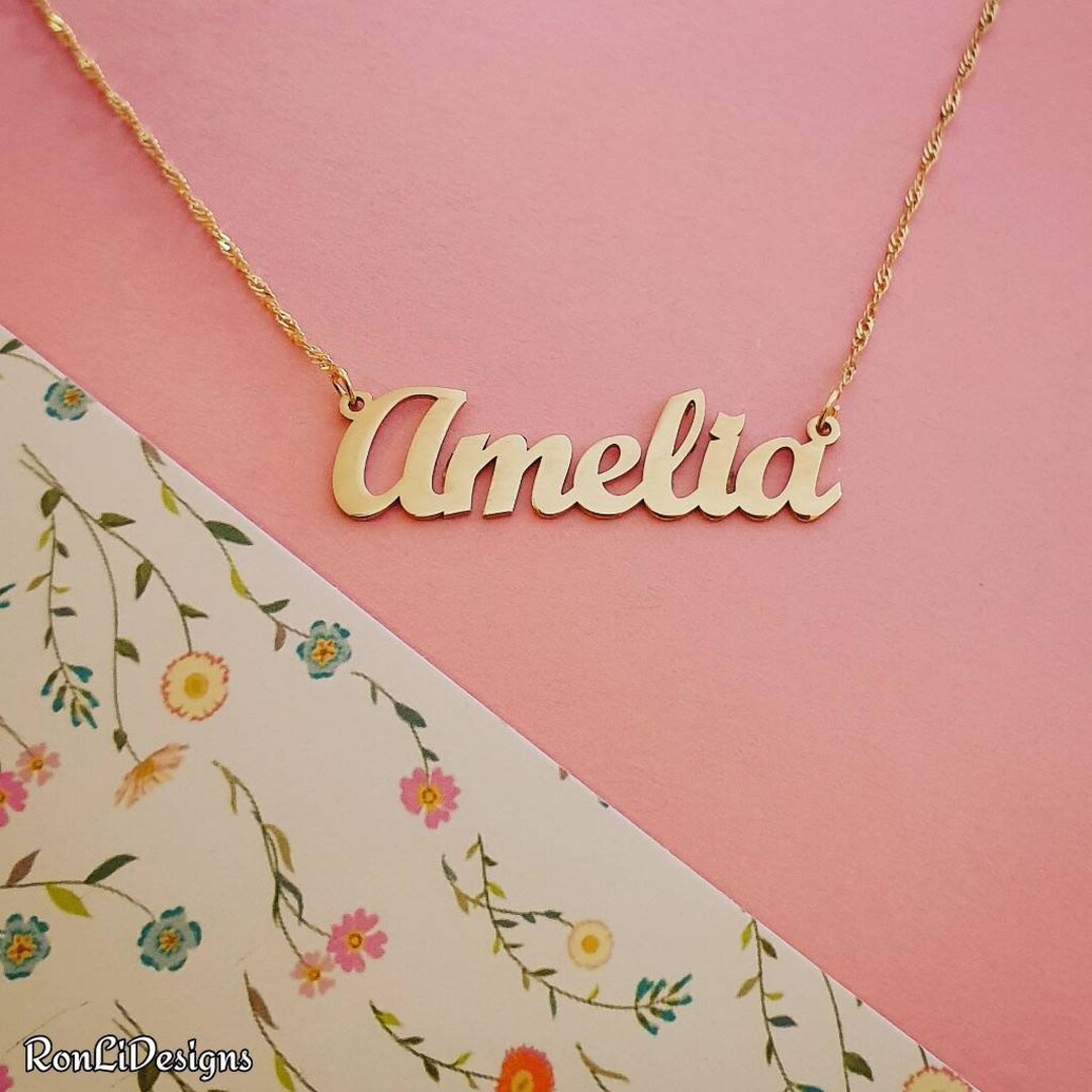 14k Solid Gold Name Necklace Nameplate ORDER ANY NAME or Word Amelia ...
