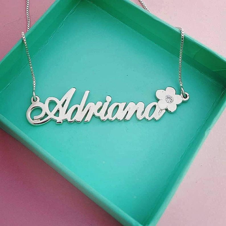 Name Necklace Silver Emma Style Personalized Flower Birthstone Design ...