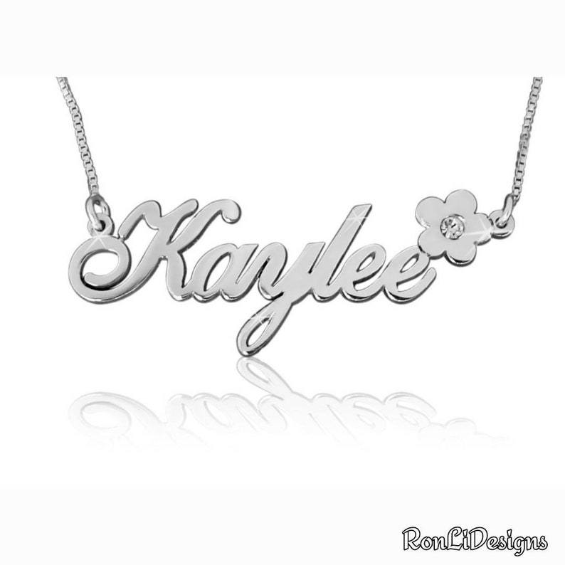 Name Necklace Silver Emma Style Personalized Flower Birthstone Design ...