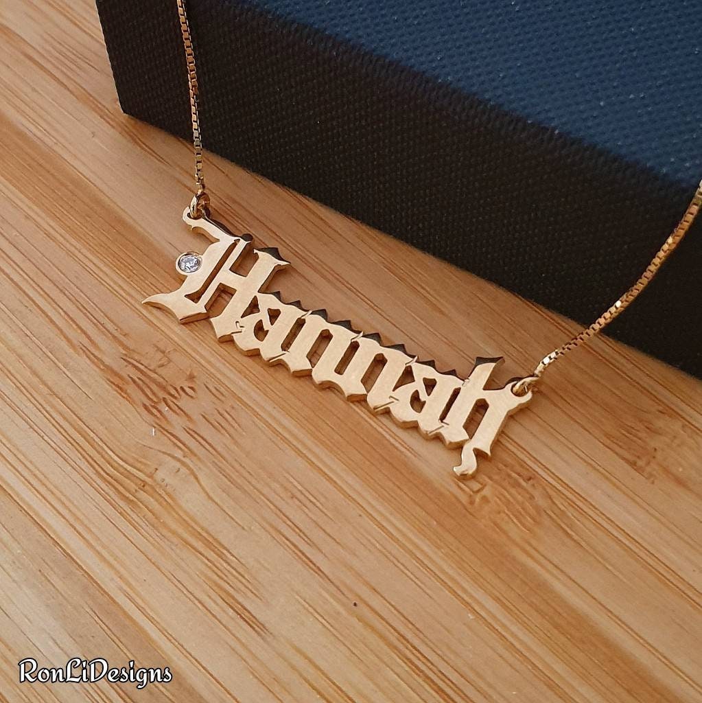 Gothic Old English Name Necklace Hannah Style Gold