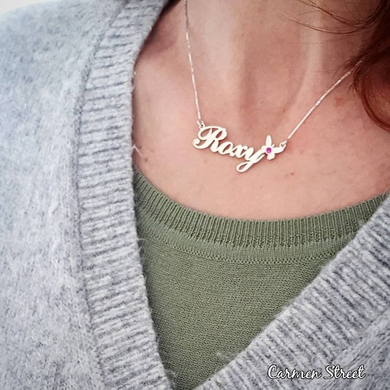 Sterling Silver Name Necklace With Butterfly Charm Birthstone Accent Etsy