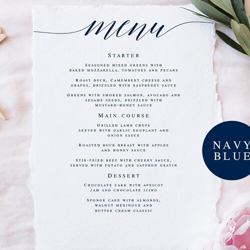 Navy Wedding Menu Template Printable Wedding Menu Download | Etsy