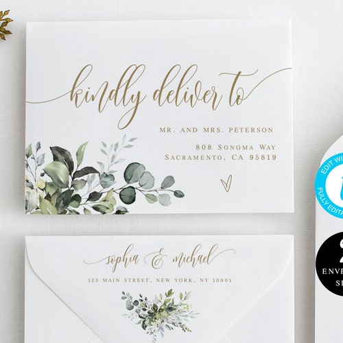 Greenery Gold Wedding Envelope Template Try Before You Buy - Etsy