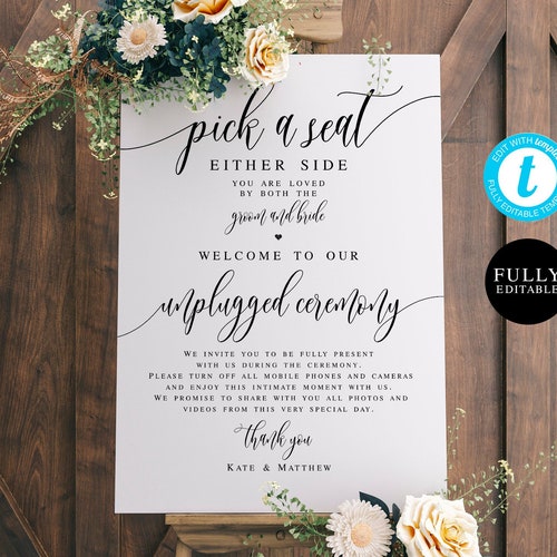 Unplugged Wedding Sign Template Pick A Seat Either Side No - Etsy