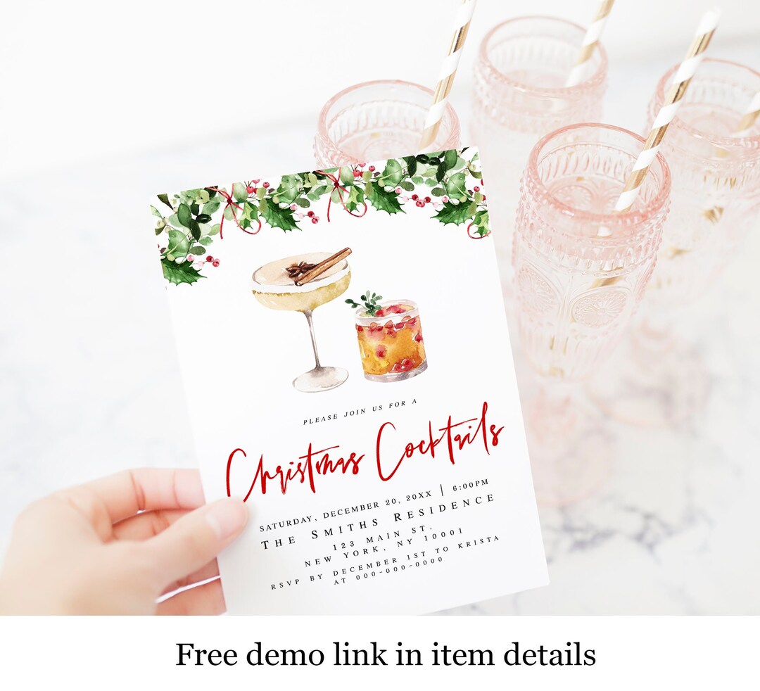 Christmas Cocktails Party Invitation Template, Holiday Cocktail ...