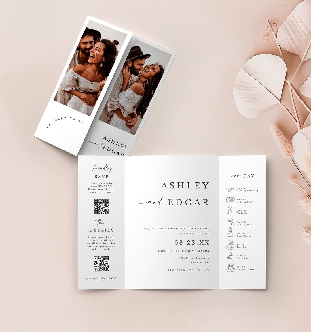 Gatefold Wedding Invitation With QR Code, Wedding Invite Template, QR ...
