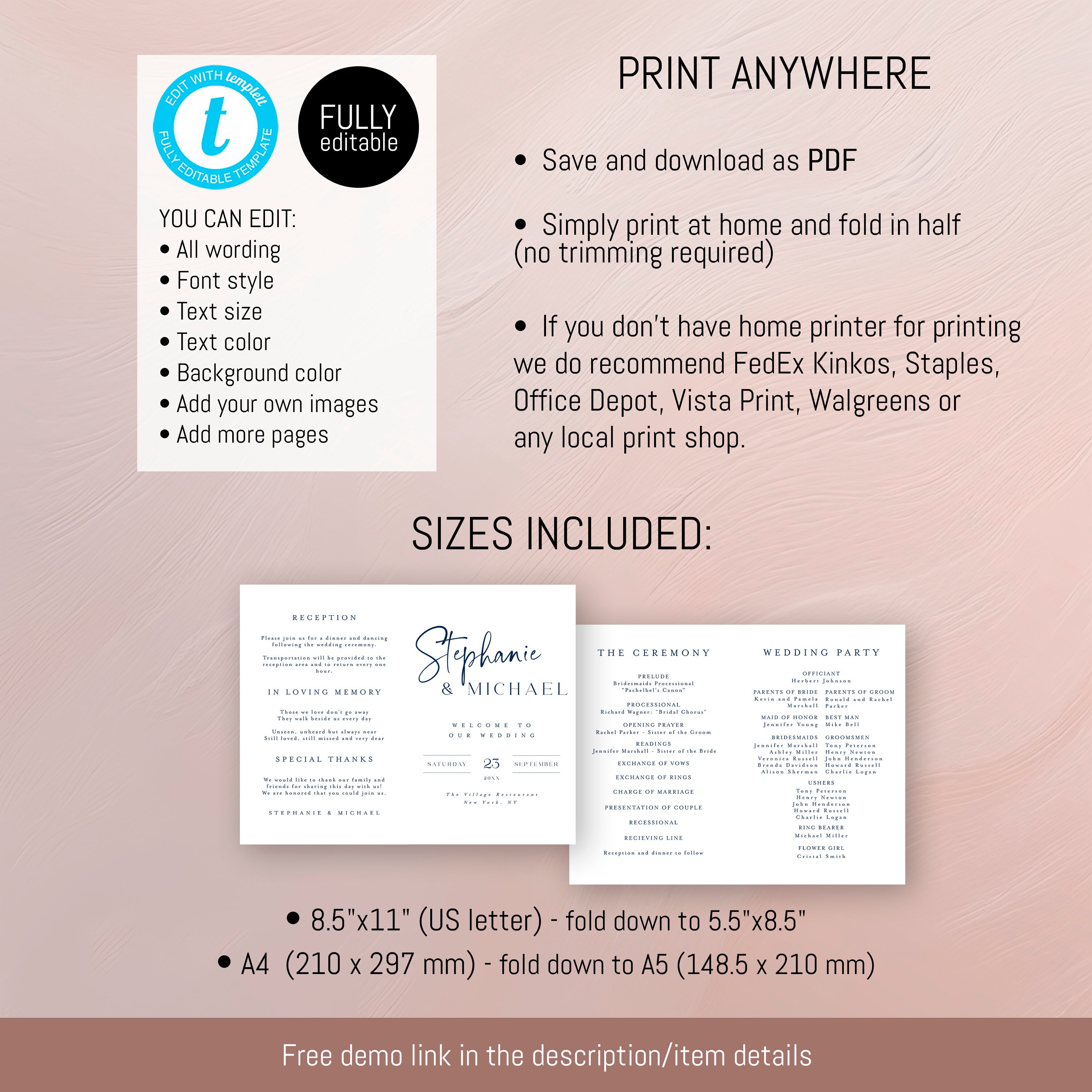 Navy Blue Wedding Program Template Folded Wedding Program Template Navy ...