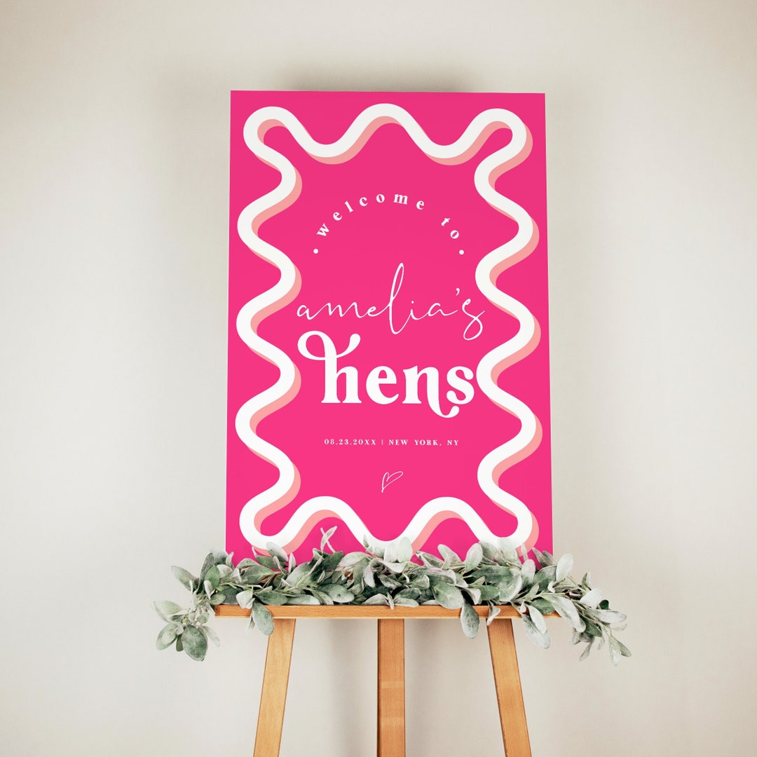 Pink Hens Party Welcome Sign, Wavy Hens Party Sign, Bachelorette Party ...