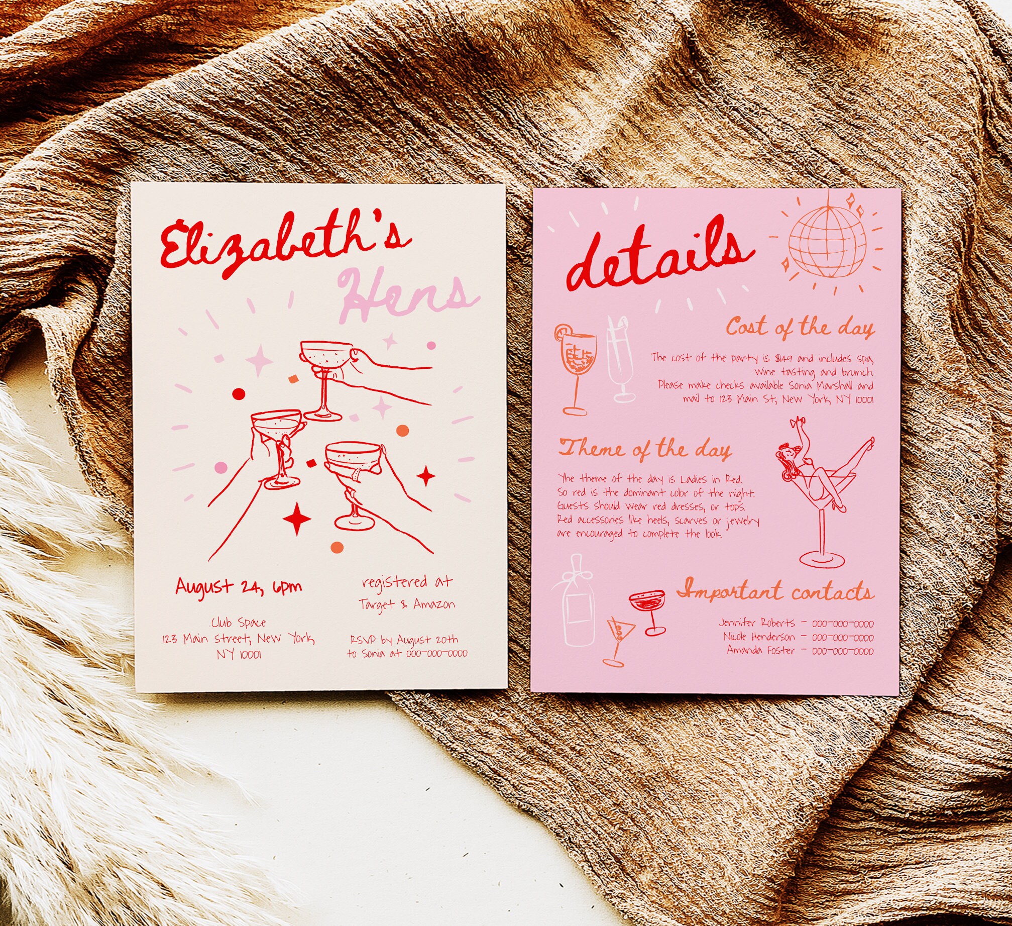 Trendy Hen Party Invitation, Hand Drawn Pink Hens Party Invite ...