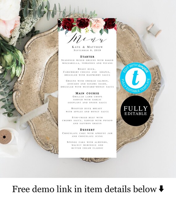Template Menu Downloadable Self-editing Dinner Menu Printable | Etsy