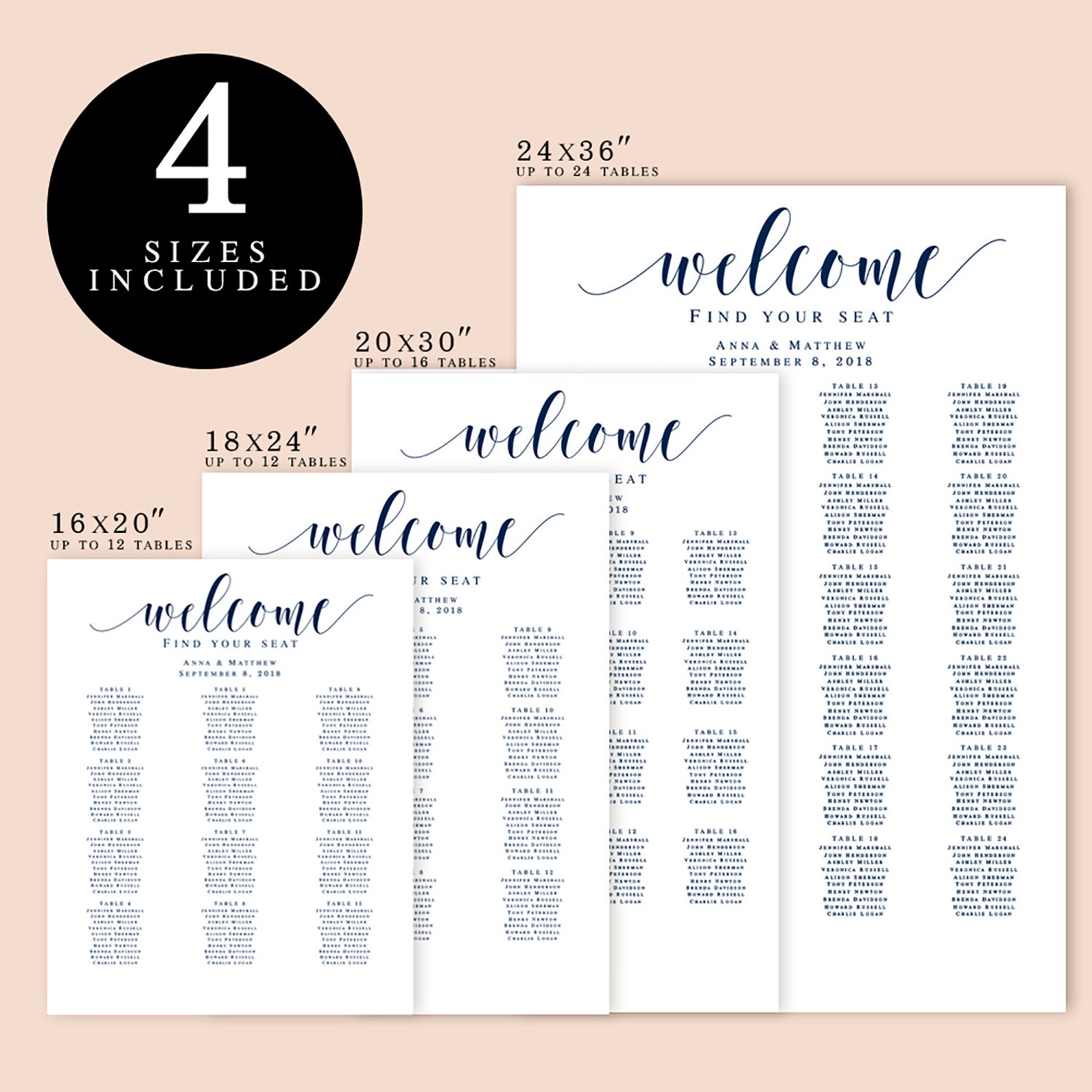 Navy Seating Chart Template Navy Blue Seating Chart Sign - Etsy