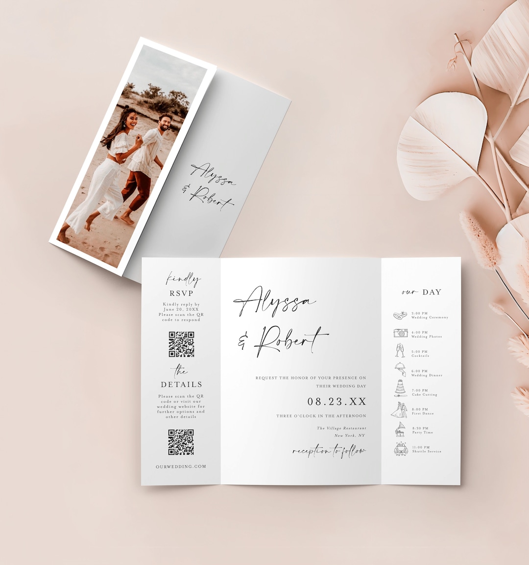 Gatefold Wedding Invitation With QR Code, Wedding Invite Template, QR ...