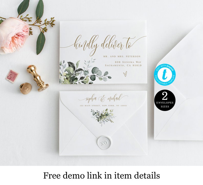 Greenery Gold Wedding Envelope Template Try Before You Buy - Etsy