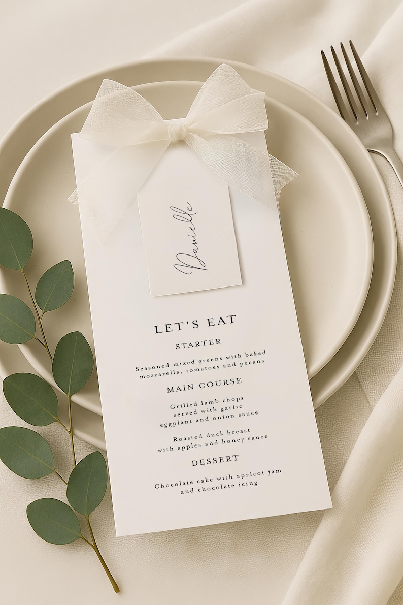 Menu With Guest Name, Minimalist Wedding Menu Template, Menu Name Card ...