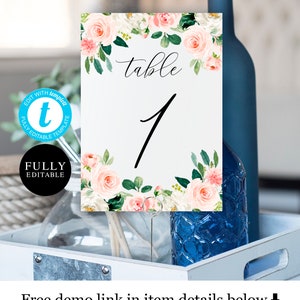 Floral Wedding Table Numbers Template Instant Download - Etsy