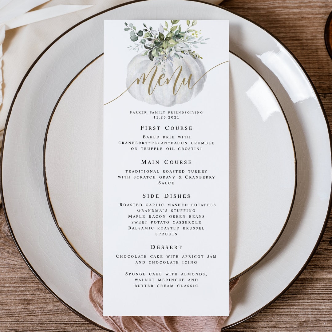 Greenery Gold Thanksgiving Dinner Menu Template, Printable, Fall, Try ...