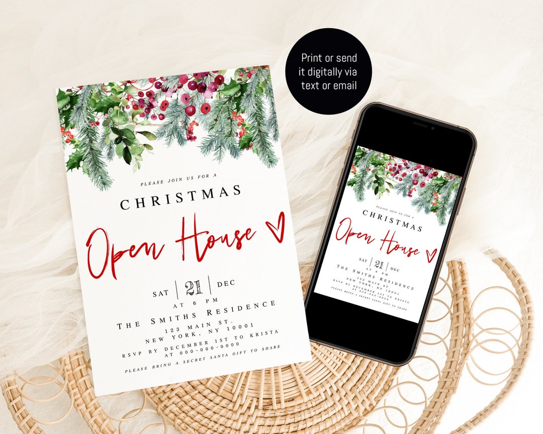 Christmas Open House Invitation Template, Edit With Templett, Printable, 100% Editable Text ...