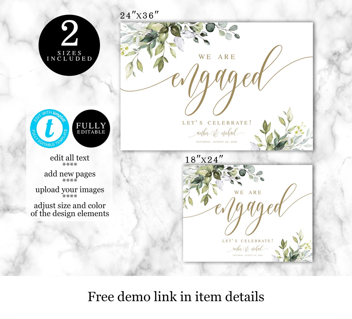 Greenery Gold Engagement Sign Edit With Templett Fully - Etsy