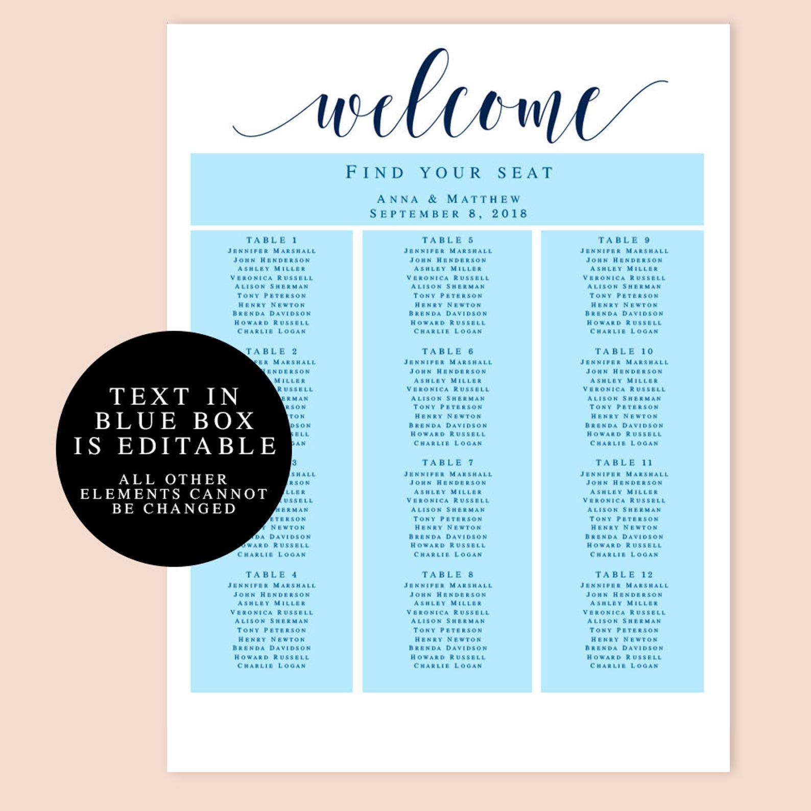 Navy Seating Chart Template Navy Blue Seating Chart Sign Nautical ...