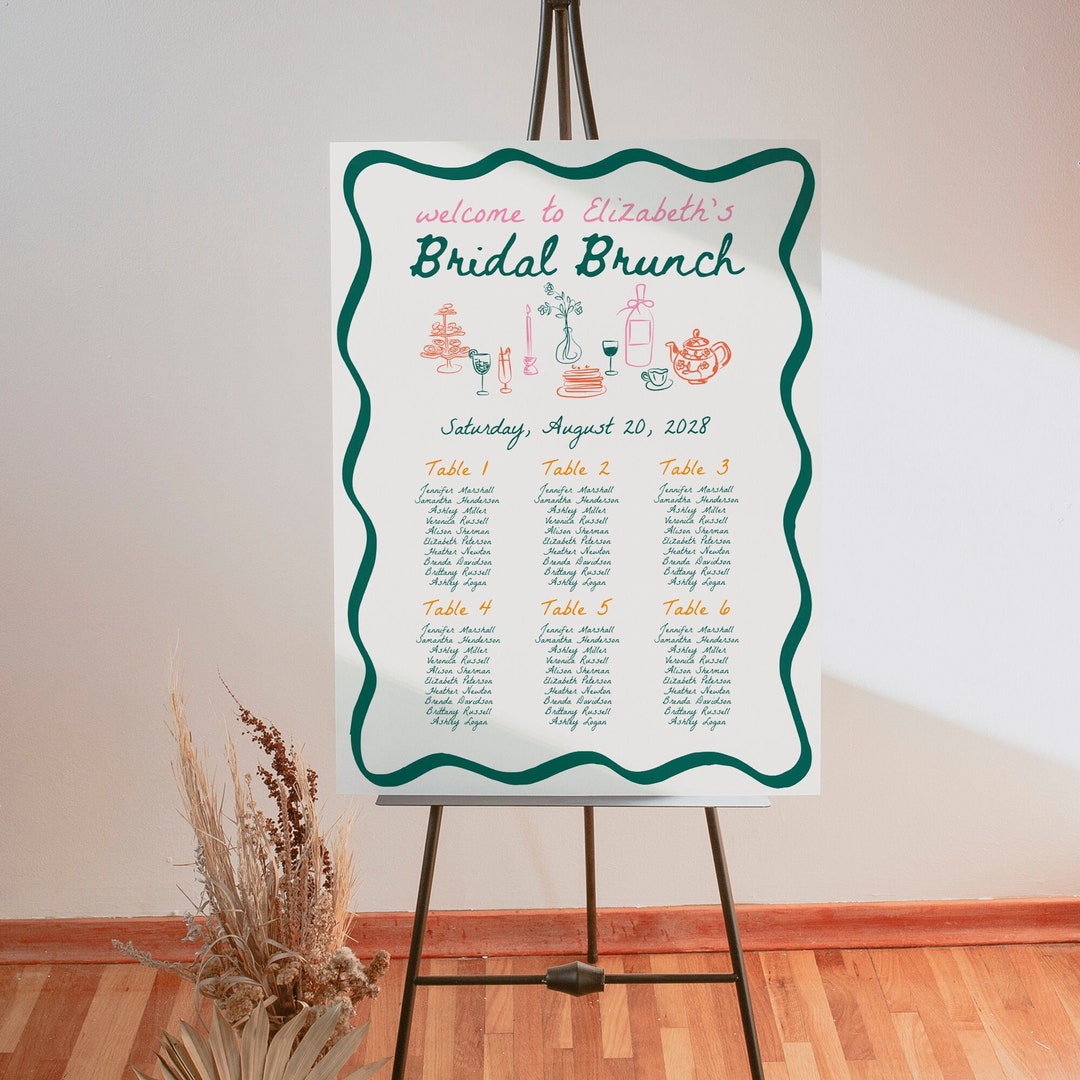 Wavy Bridal Shower Seating Chart Sign, Teal Bridal Shower Seating Chart ...